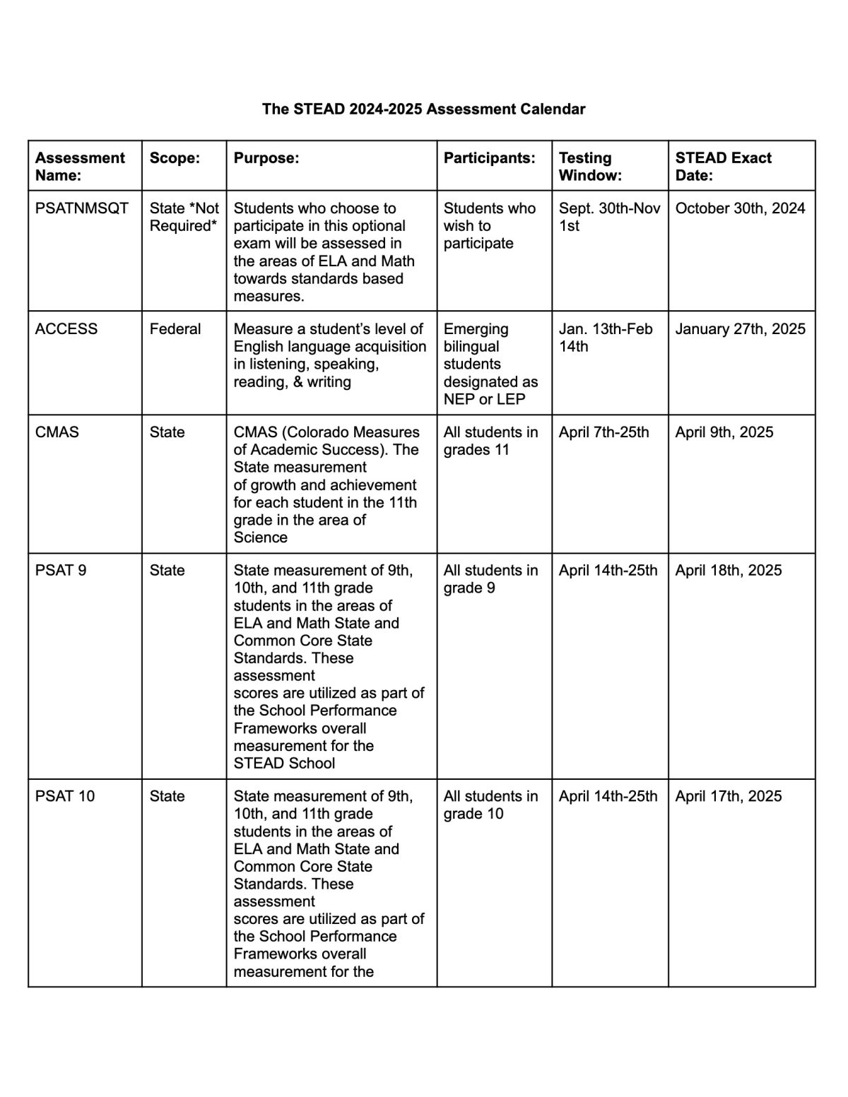 STEAD Assessment Calendar - The STEAD School